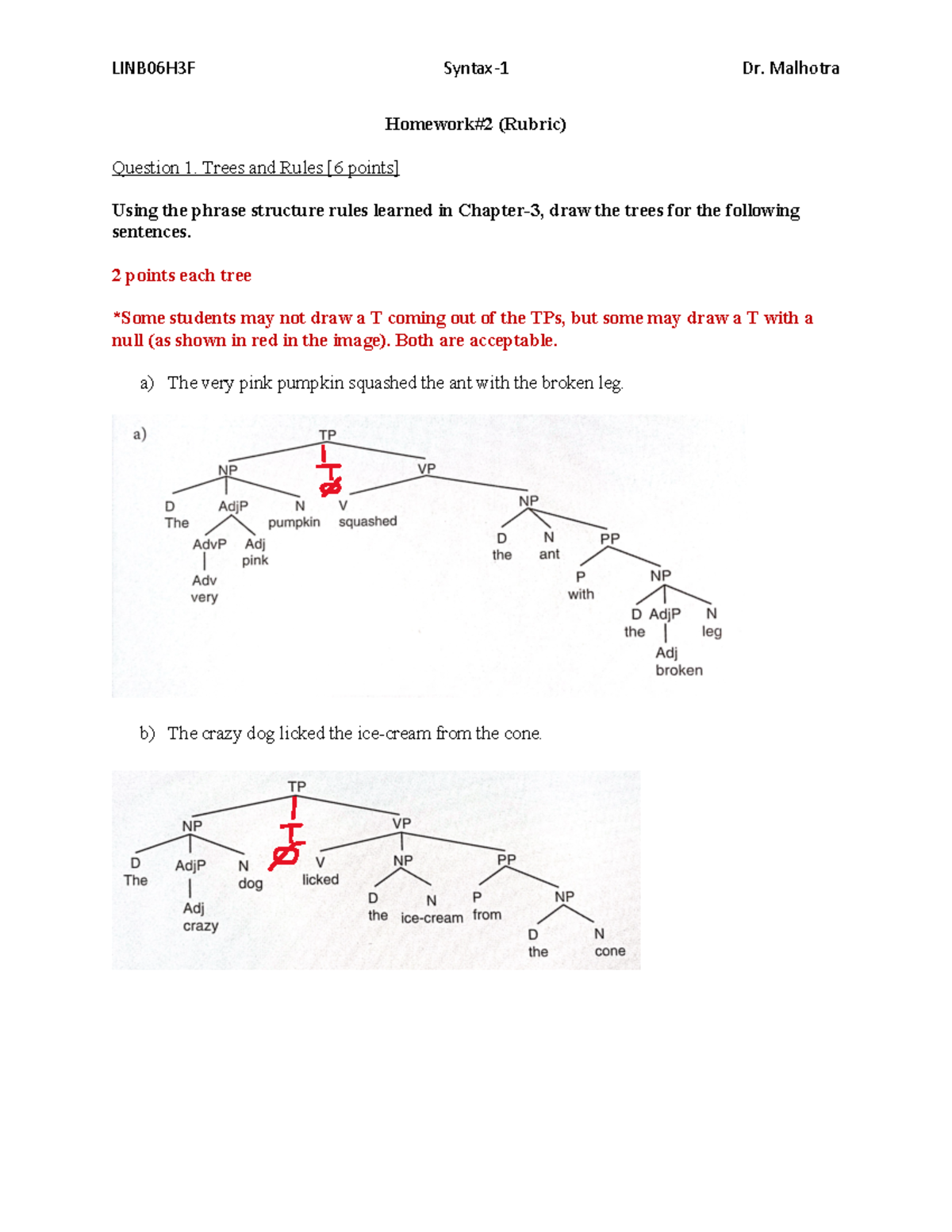 Homework#2 answers - LINB06H3F Syntax-1 Dr. Malhotra Homework#2 (Rubric ...