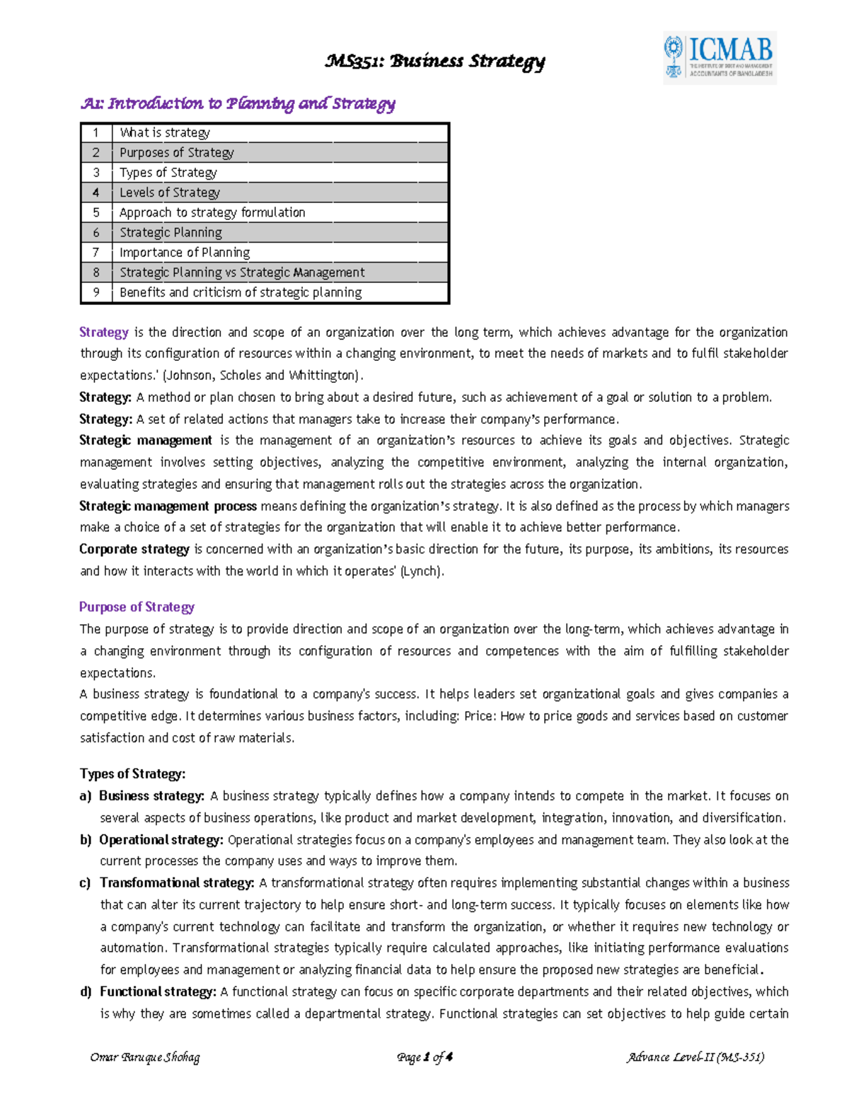 Business Strategies - A1: Introduction to Planning and Strategy 1 What ...