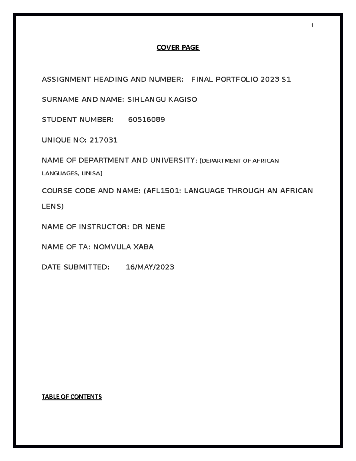 AFL 1501 Portfolio - k Agiso - COVER PAGE ASSIGNMENT HEADING AND NUMBER ...