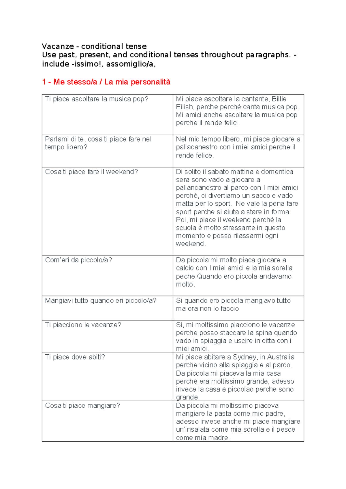 Italian hsc exam s6 - notes - Vacanze - conditional tense Use past ...