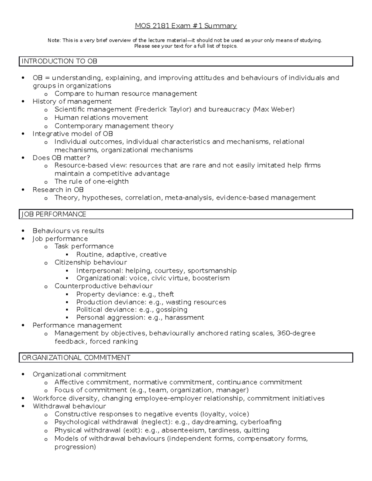 MOS 2181B Winter 2022 Exam 1 Summary - MOS 2181 Exam #1 Summary Note ...