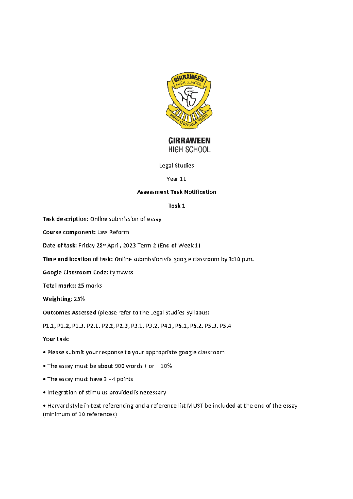 Legal Studies Year 11 Assessment Task Notification Task 1 - Legal ...