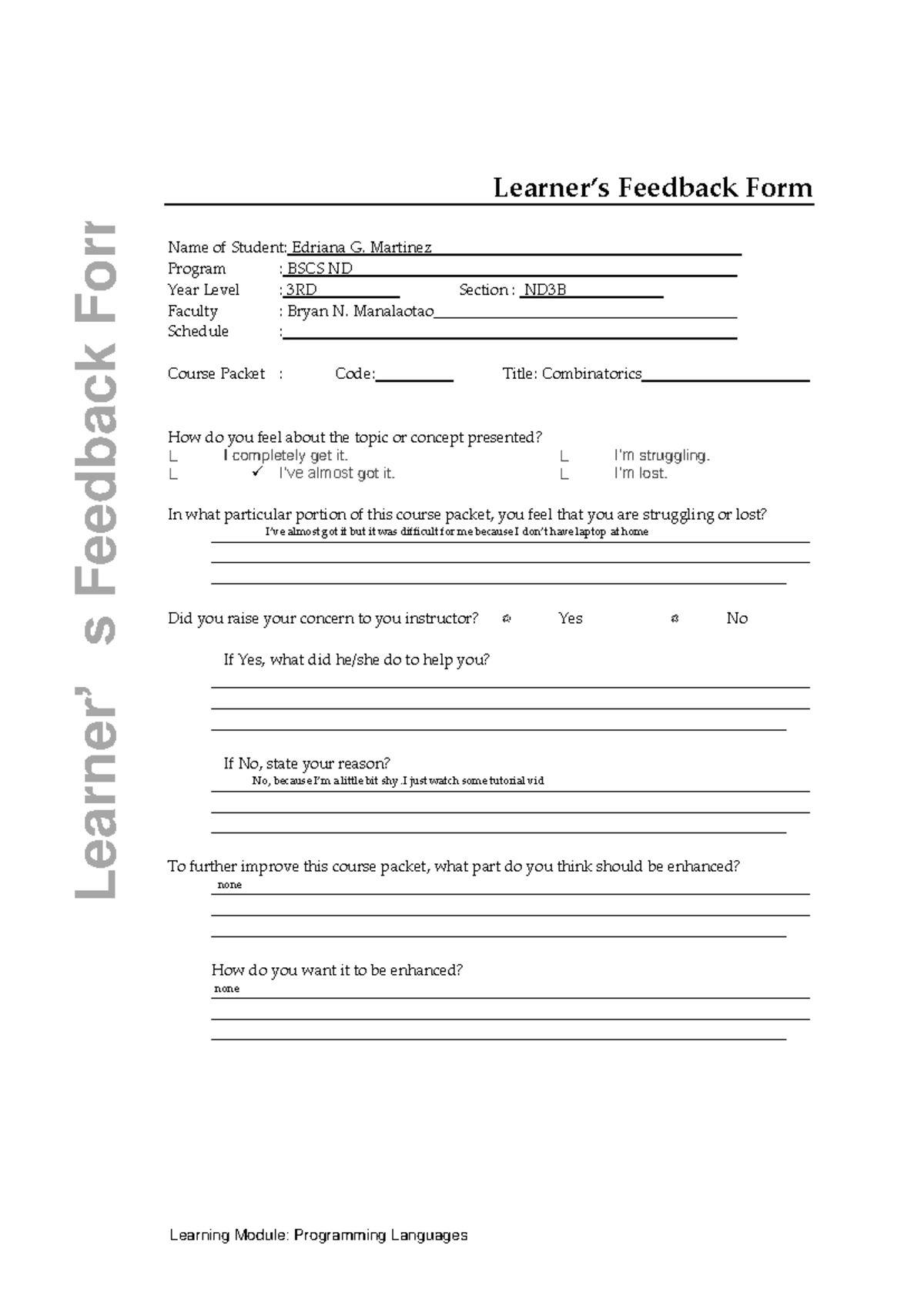 LFF05 ND3B Martinez Edriana - Learner’s Feedback Form Name of Student ...