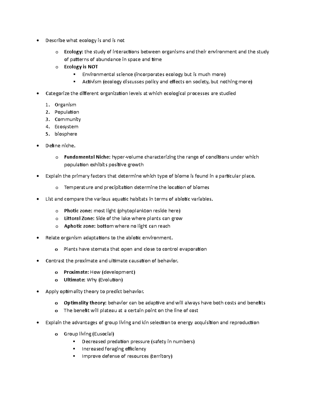 Final Exam Comprehensive Section SLOs - Describe what ecology is and is ...