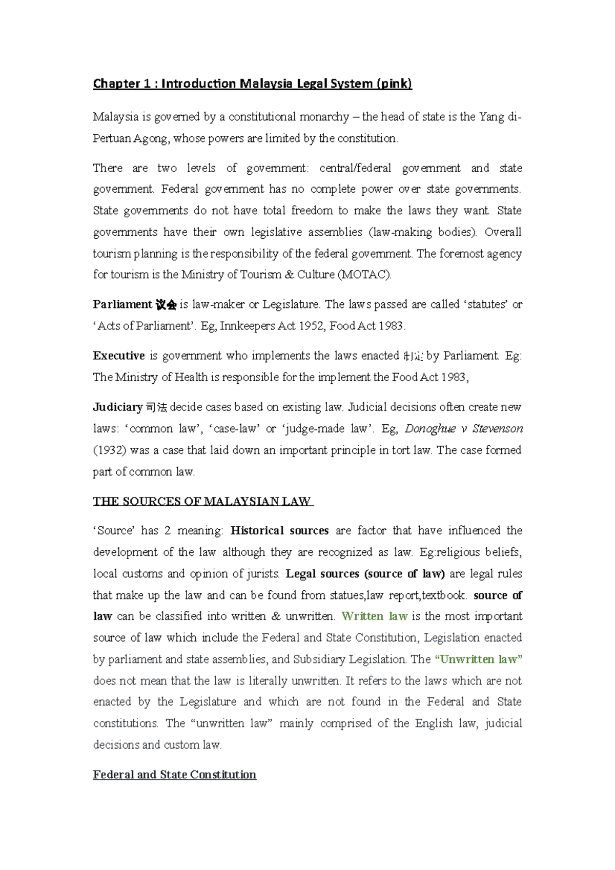 Law - student note - Chapter 1 : Introduction Malaysia Legal System ...
