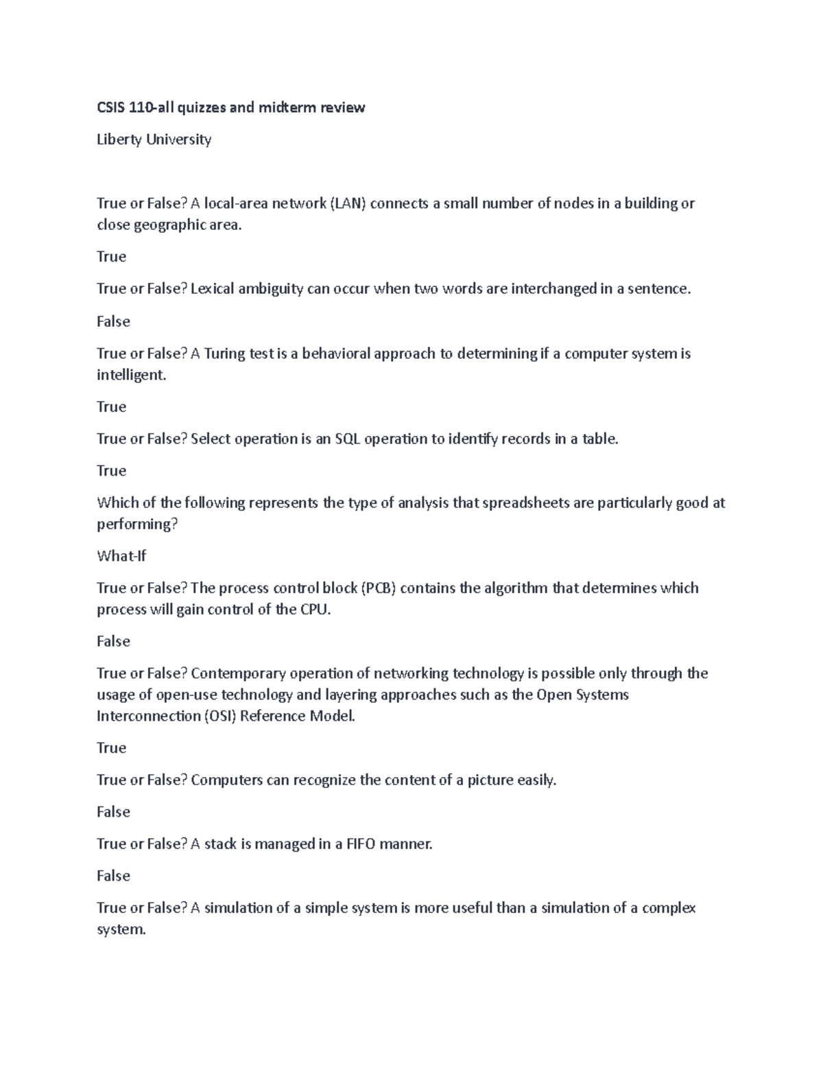 Csis 110-final exam-and all quizzes reviewed - CSIS 110-all quizzes and midterm review Liberty ...