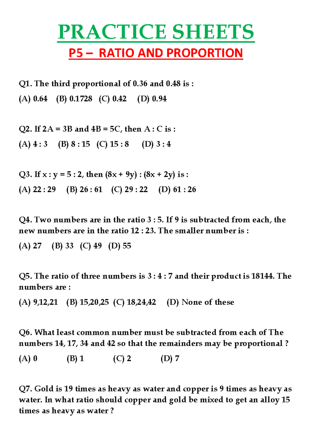 P5 - Ratio and Proportions - PRACTICE SHEETS P 5 – RATIO AND PROPORTION ...