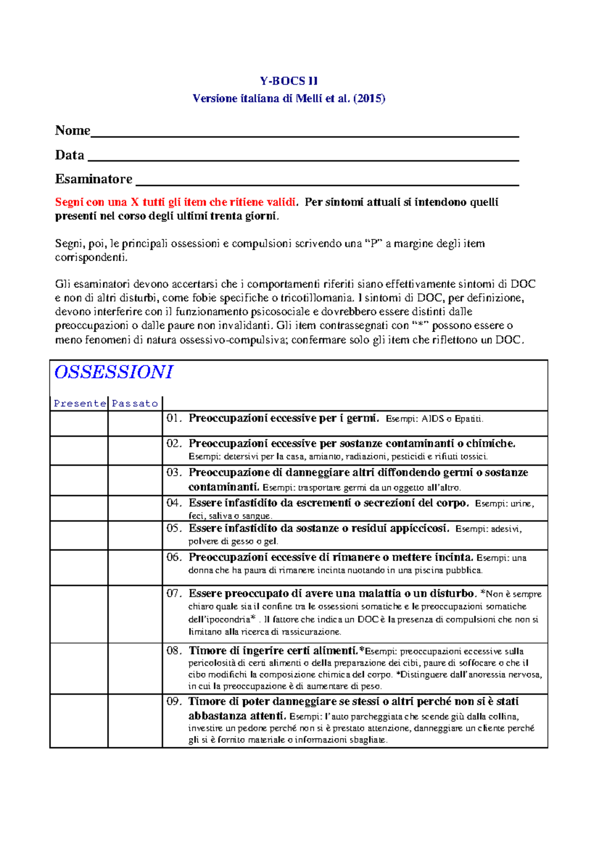 Y-BOCS II italian translation assessment disturbo ossessivo compulsivo ...