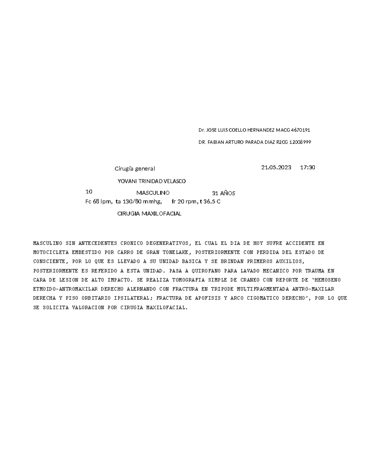 Interconsulta Maxilo - Cirugía general 21.05 17: YOVANI TRINIDAD ...