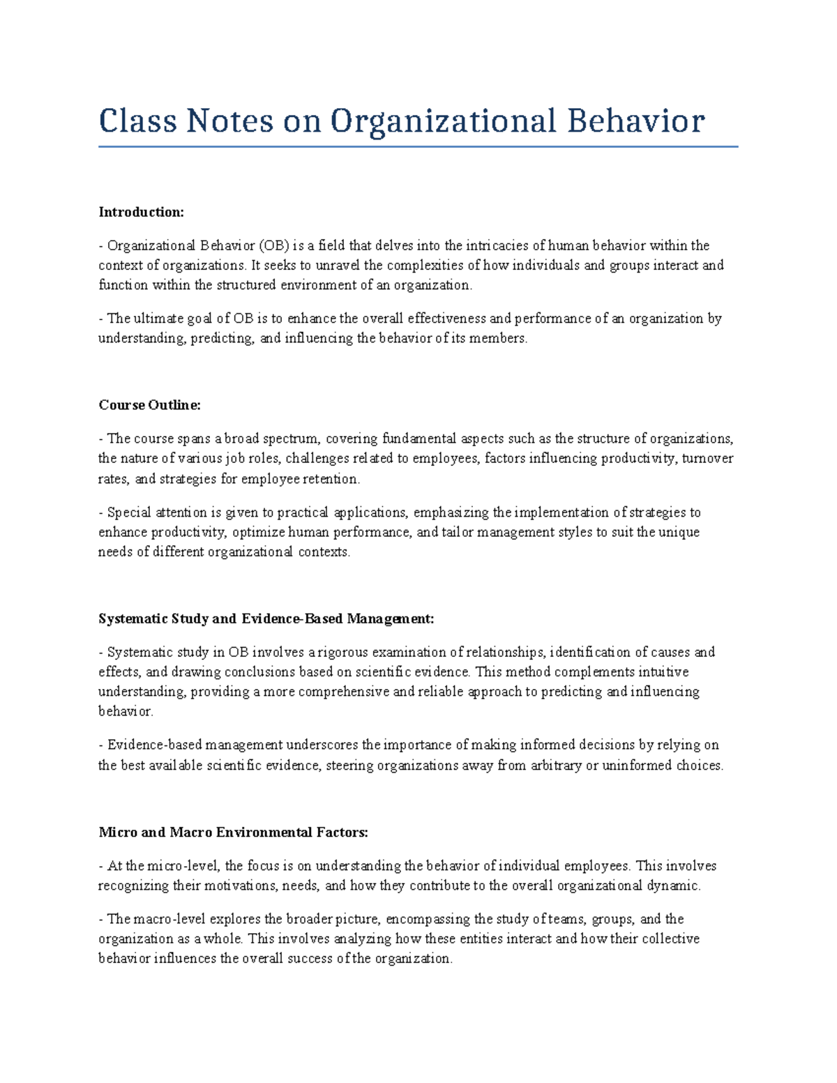 Class Notes on Organizational Behavior - Class Notes on Organizational ...