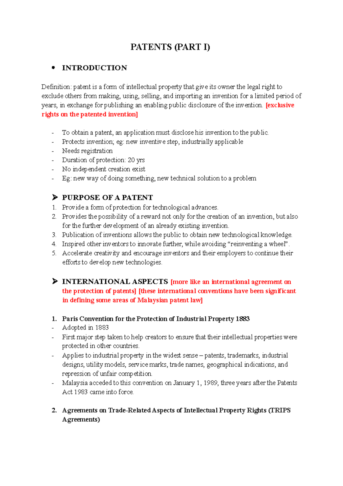 Patents personal notes - PATENTS (PART I) INTRODUCTION Definition ...