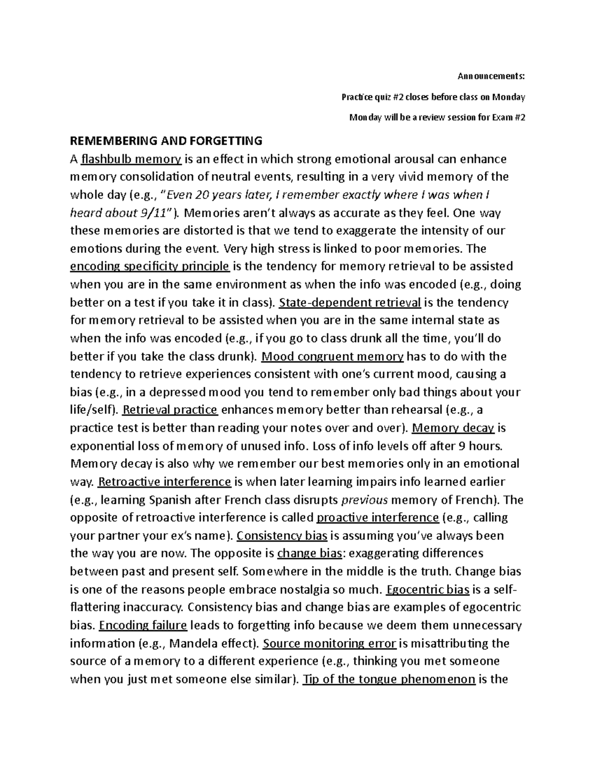 10-21 F - TOPICS: Memory (Prof. Czopp) - Announcements: Practice quiz ...
