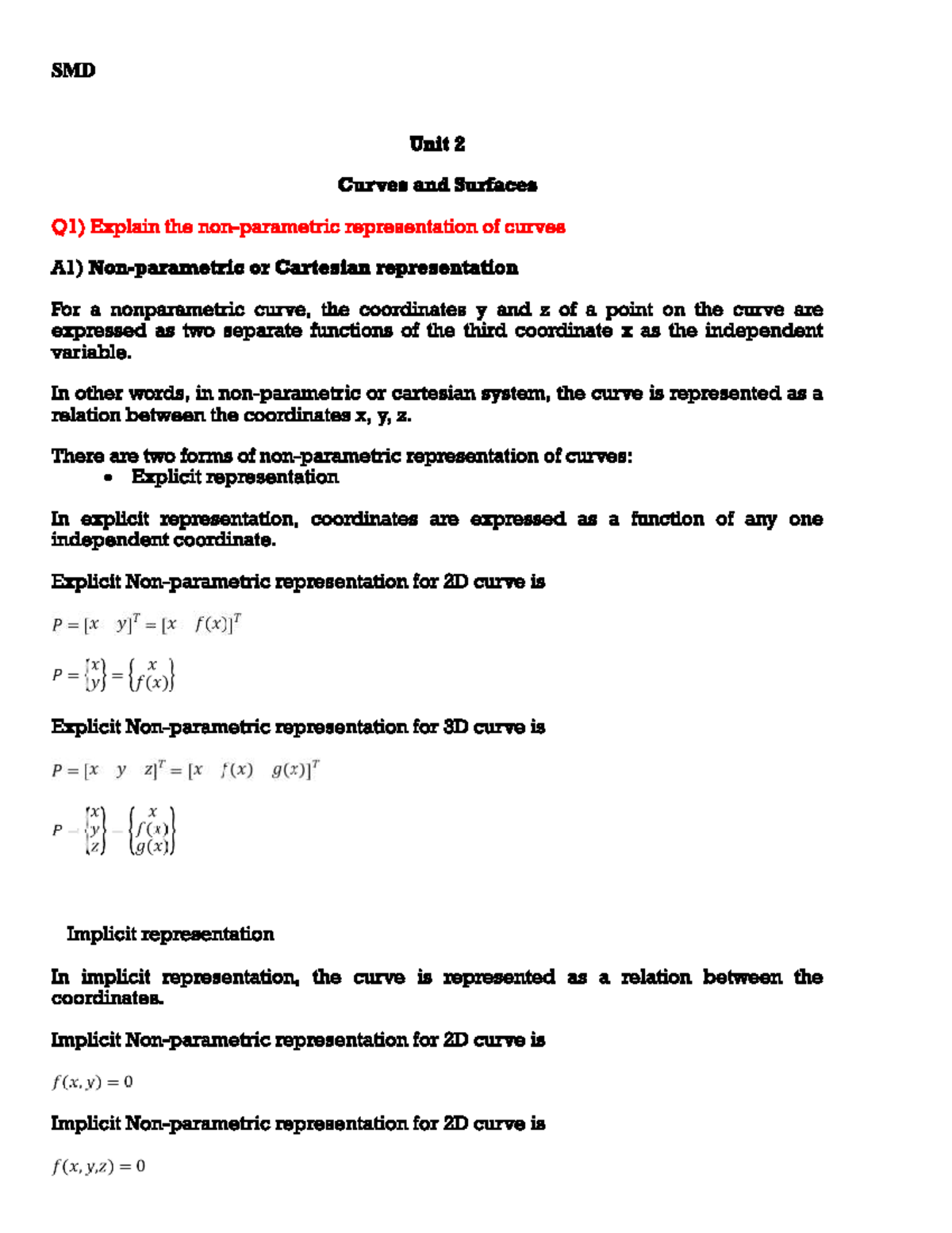 SMD Unit 2( Question BANK) 1 - SMD Unit 2 Curves and Surfaces Q1 ...