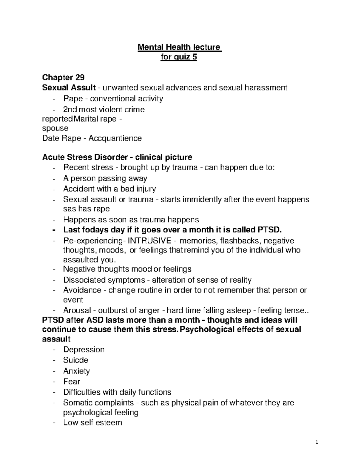 Study Guide Chapter 29 Mental Health Lecture 5 - Mental Health lecture ...