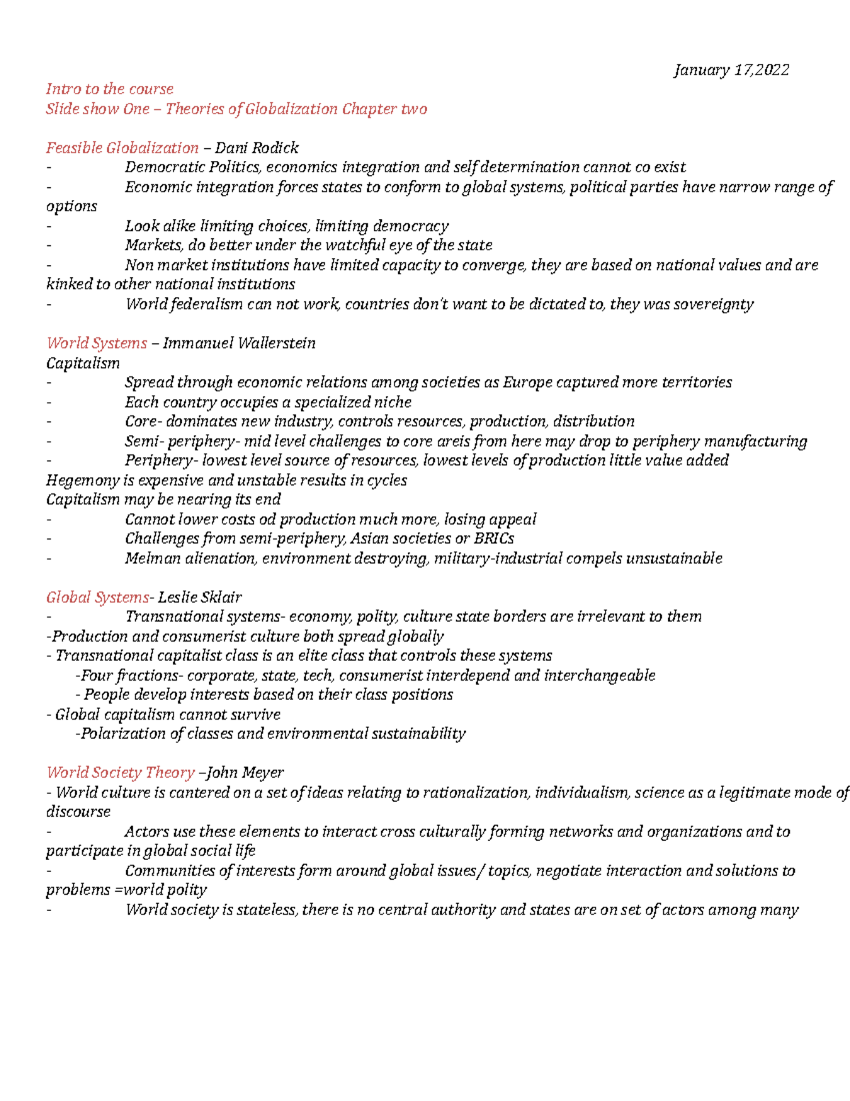 Glob, dev, and social change notes - January 17, Intro to the course ...
