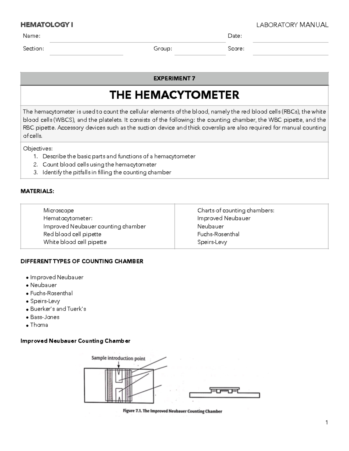 Experiment 2 THE Hemacytometer - MATERIALS: DIFFERENT TYPES OF COUNTING ...