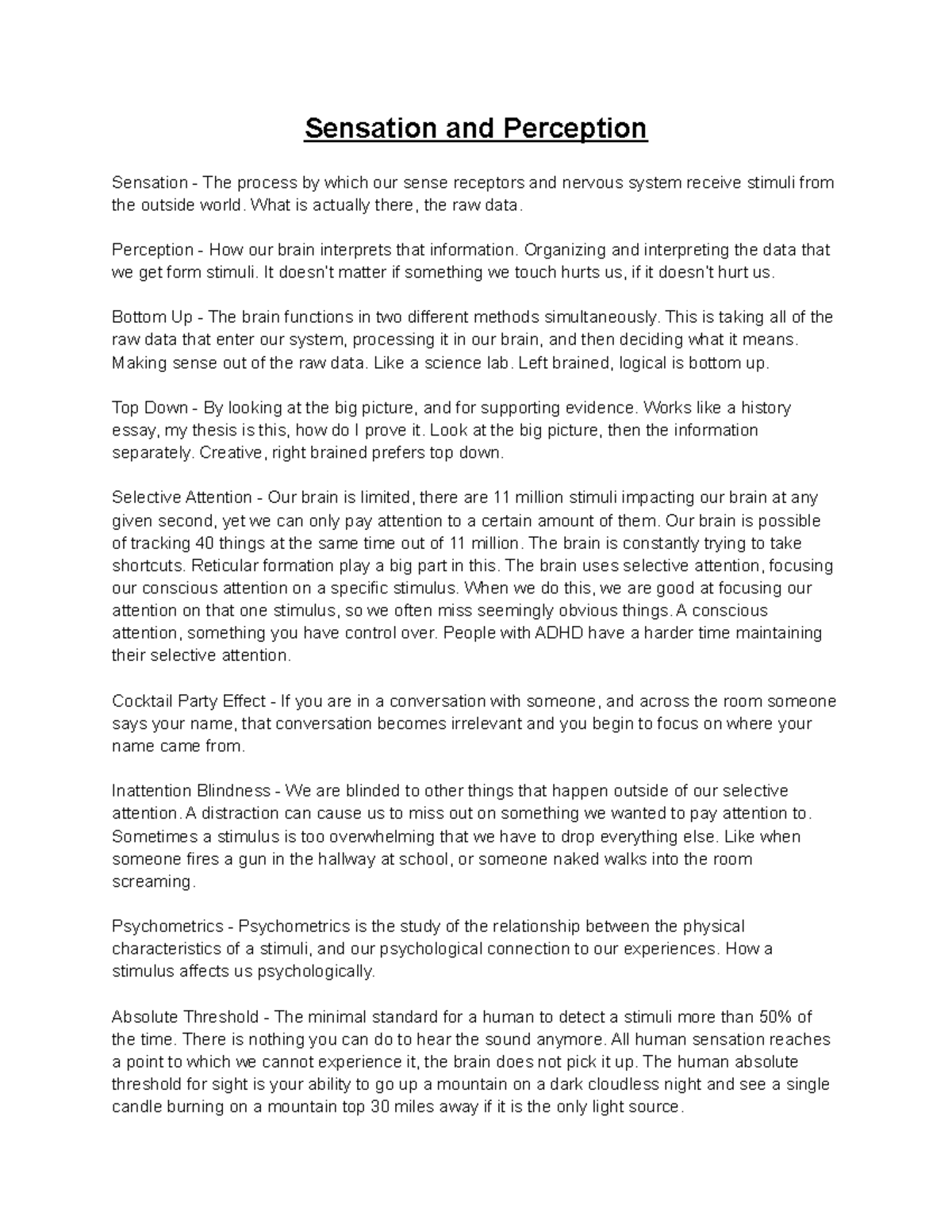 3 Sensation and Reception, lecture 3 notes - Sensation and Perception ...