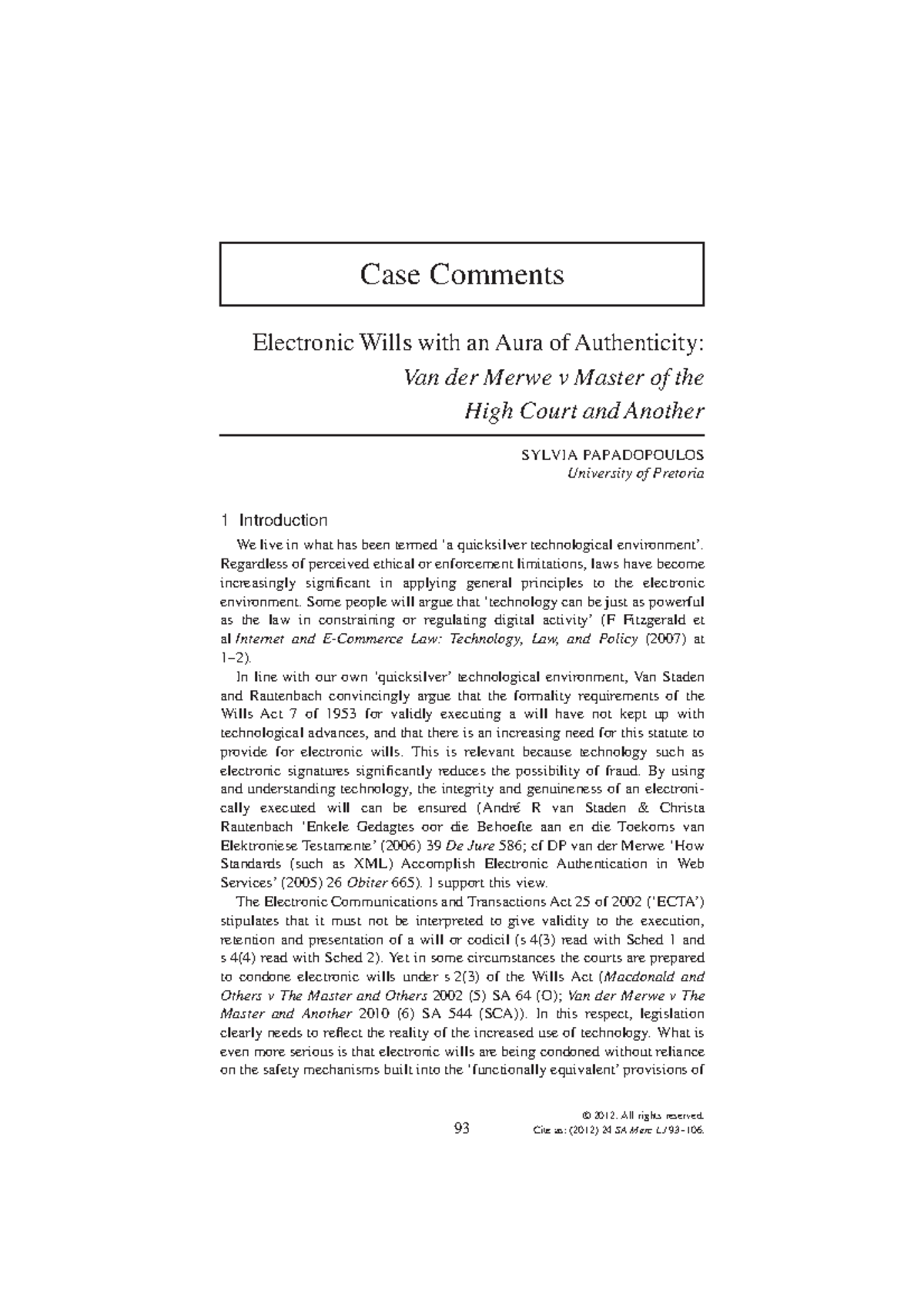 Papadopoulos Electronic wills - Case Comments Electronic Wills with an Aura of Authenticity: Van ...