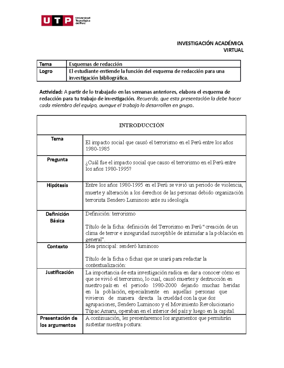 Semana 10 - Tarea Borrador de esquema de redacción - INVESTIGACIÓN ACADÉMICA VIRTUAL Tema ...