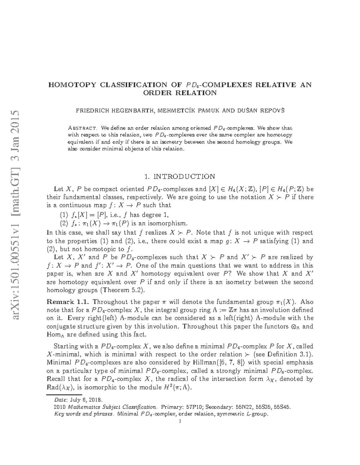 1501 - Cours - arXiv:1501 [math] 3 Jan 2015 HOMOTOPY CLASSIFICATION OF ...