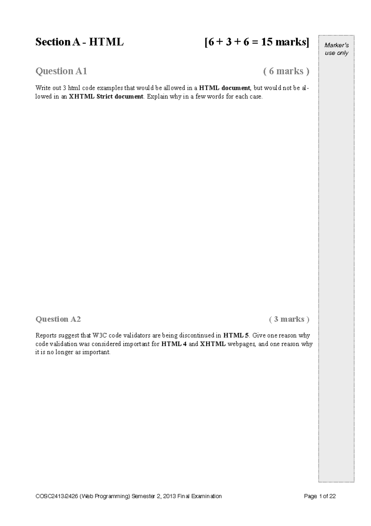 Web programming - Marker’s use only Section A - HTML [6 + 3 + 6 = 15 ...