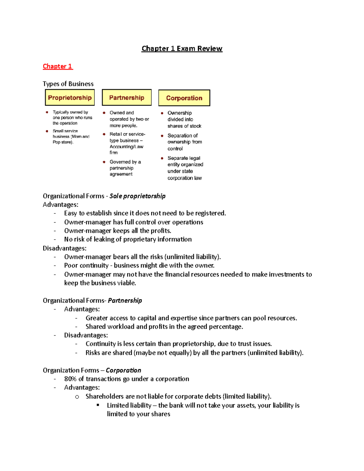 Accounting Chapter 1 Review - Chapter 1 Exam Review Chapter 1 Types of ...