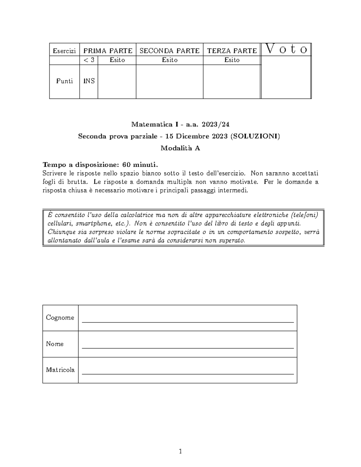 Mat spp 23-24 mod A SOL - Simulazione - Esercizi PRIMA PARTE SECONDA ...