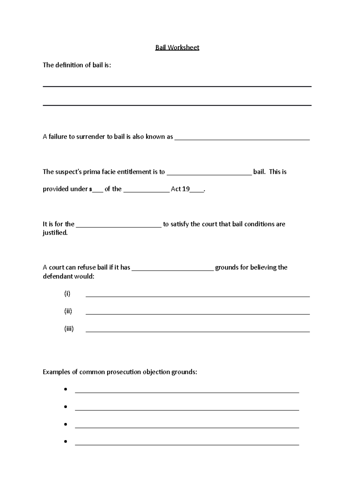 Week 4 Bail Worksheet - Bail Worksheet The definition of bail is: A ...