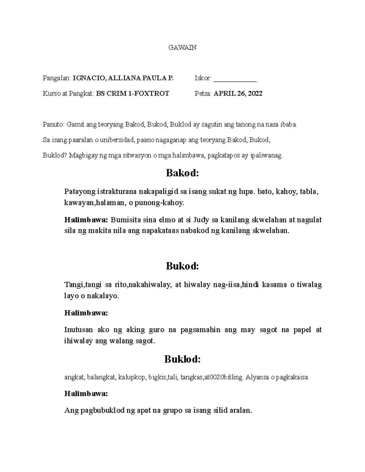 Gawain Bilang Tatlo - Gamit ang teoryang Bakod, Bukod, Buklod ay ... Gawain Bilang Tatlo - Gamit ang teoryang Bakod, Bukod, Buklod ay ...