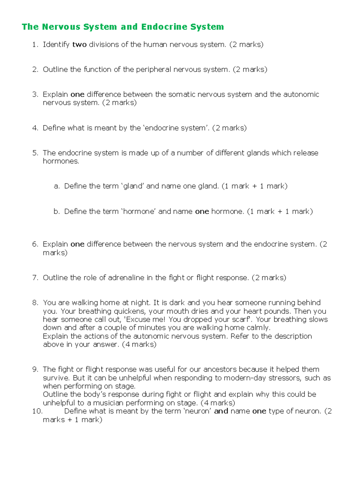Yr 12-13 Exam Q The Nervous System Endocrine System Neurons Synaptic ...