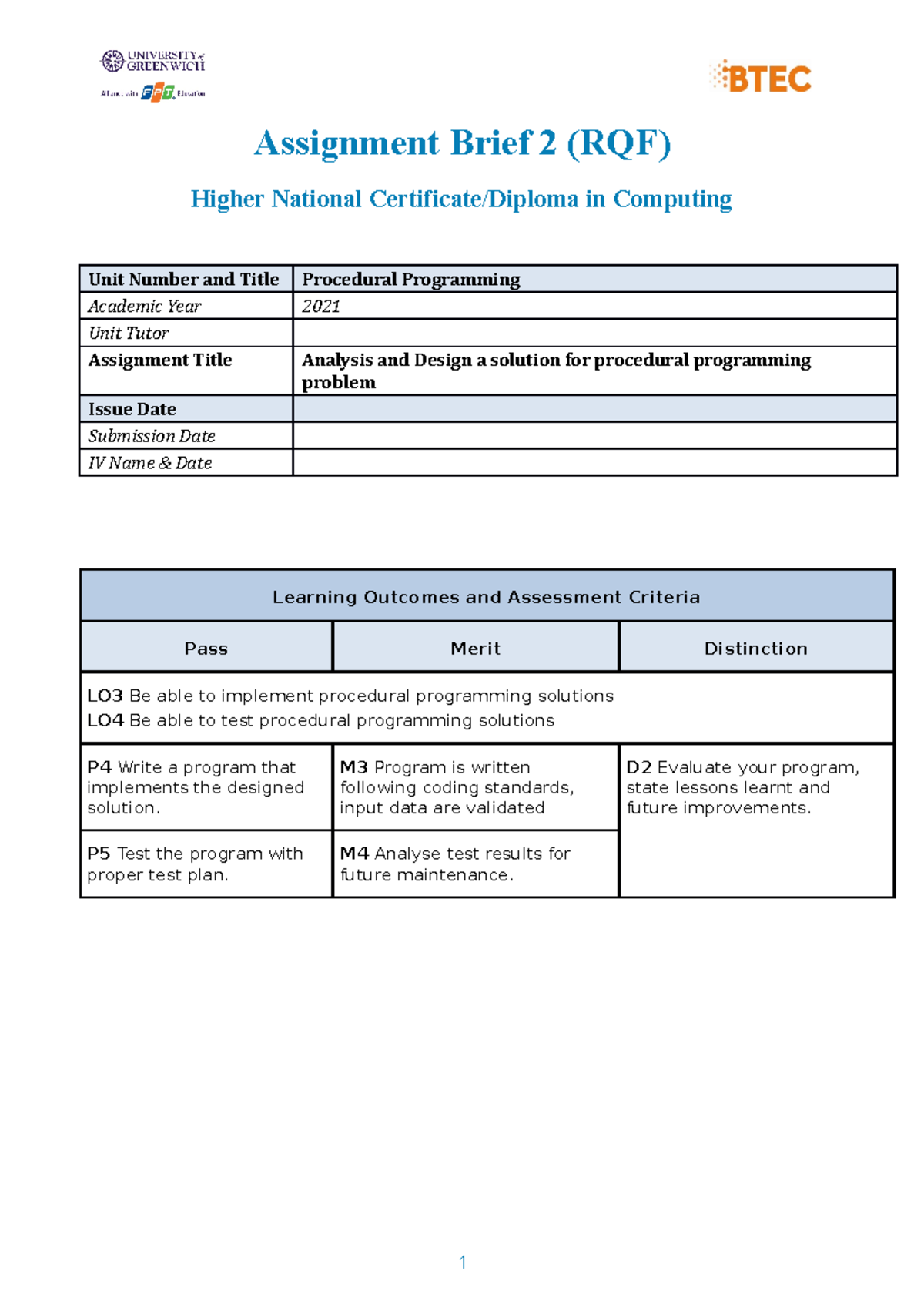 Assignment 2 brief - Assignment Brief 2 (RQF) Higher National ...