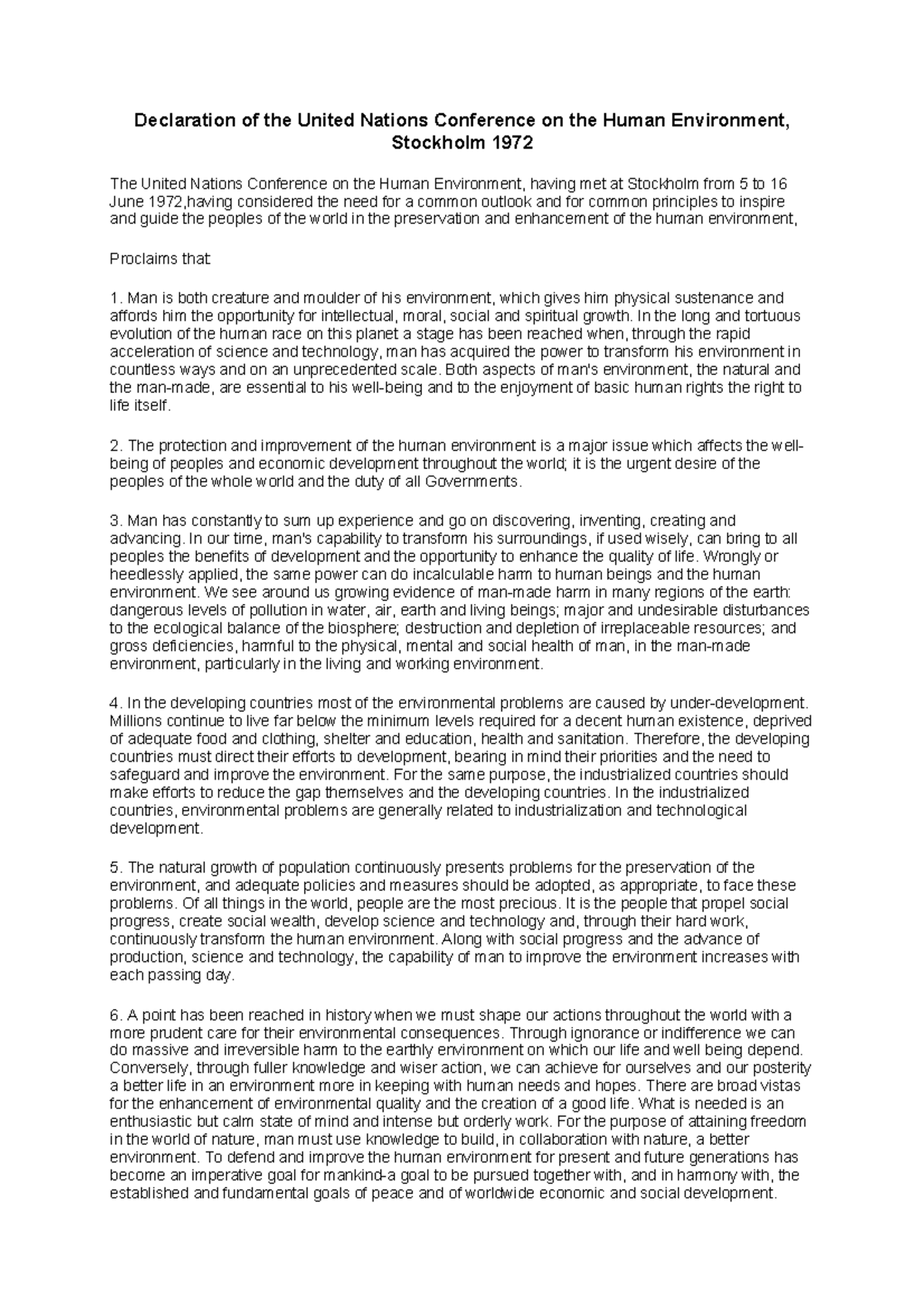 Stockholm declaration - Declaration of the United Nations Conference on ...