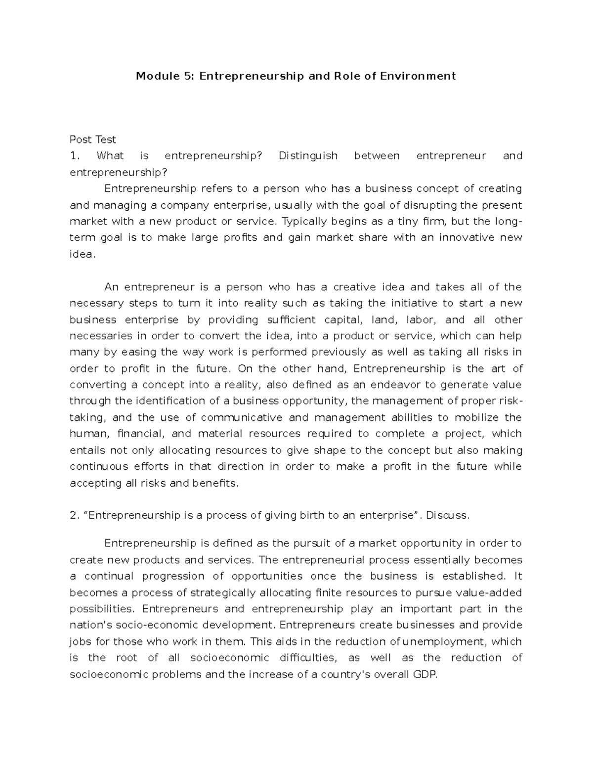 Entrep- Post Test module 5 - Module 5: Entrepreneurship and Role of ...