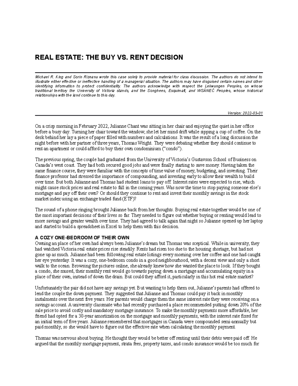 Case Buy vs Rent 210301 King Rizeanu Case study - REAL ESTATE: THE BUY ...