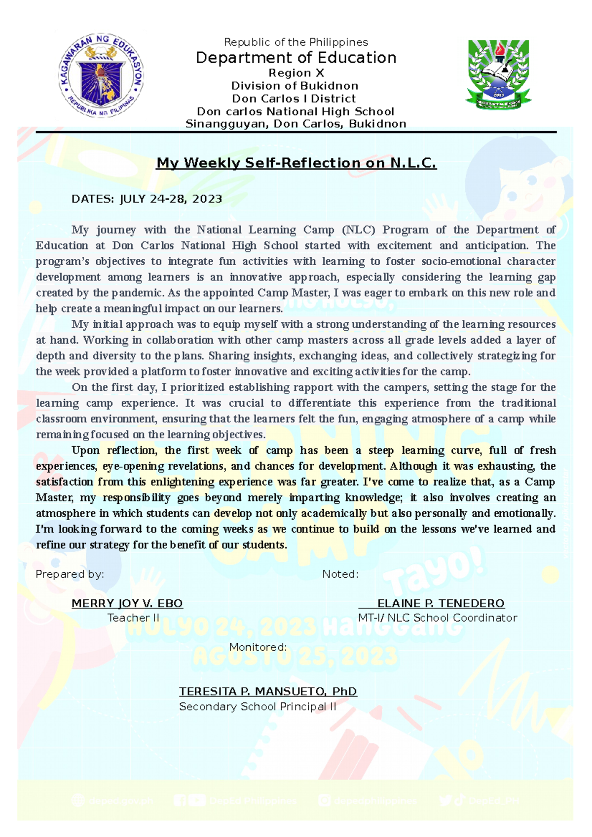 NLC Weekly SELF Reflection - Department of Education Region X Division ...