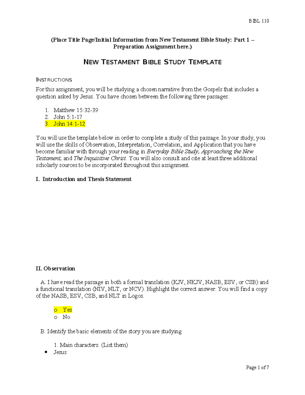 New Testament Bible Study Template - (Place Title Page/Initial ...
