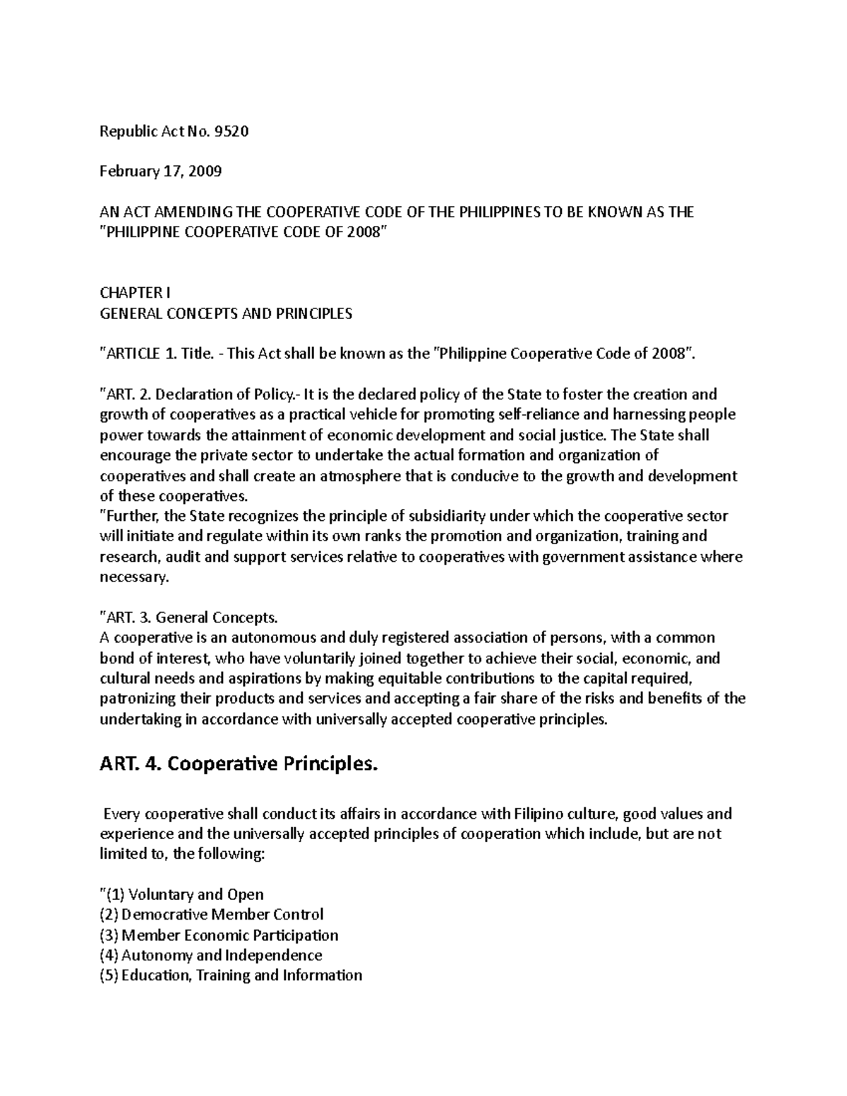 Cooperative code of the PH - Republic Act No. 9520 February 17, 2009 AN ...