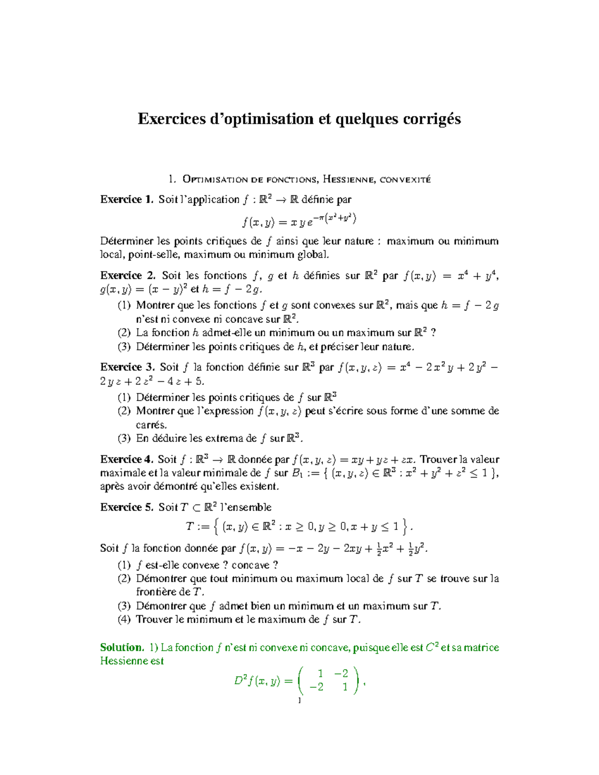 Ex Opti Correction - TP pour devoir - Exercices d’optimisation et quelques corrigés Optimisation ...