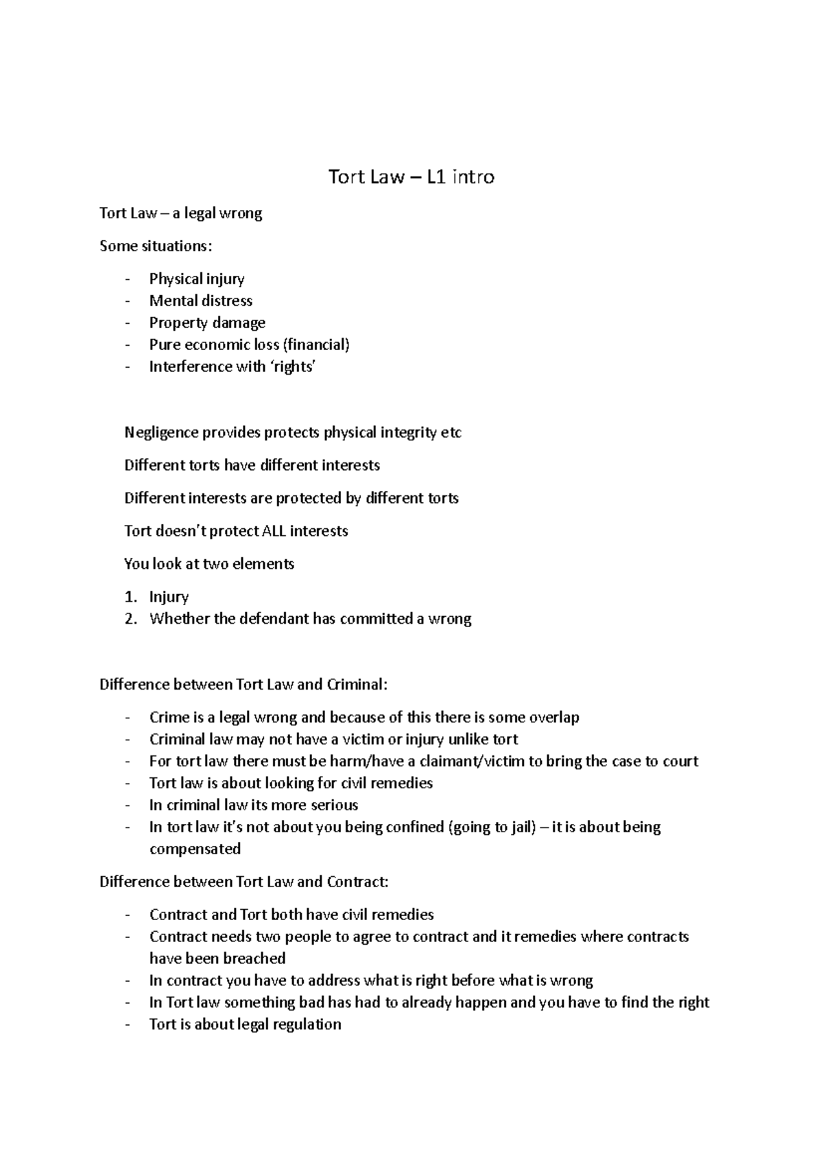 Tort Law - Intro - Tort Law – L1 intro Tort Law – a legal wrong Some ...