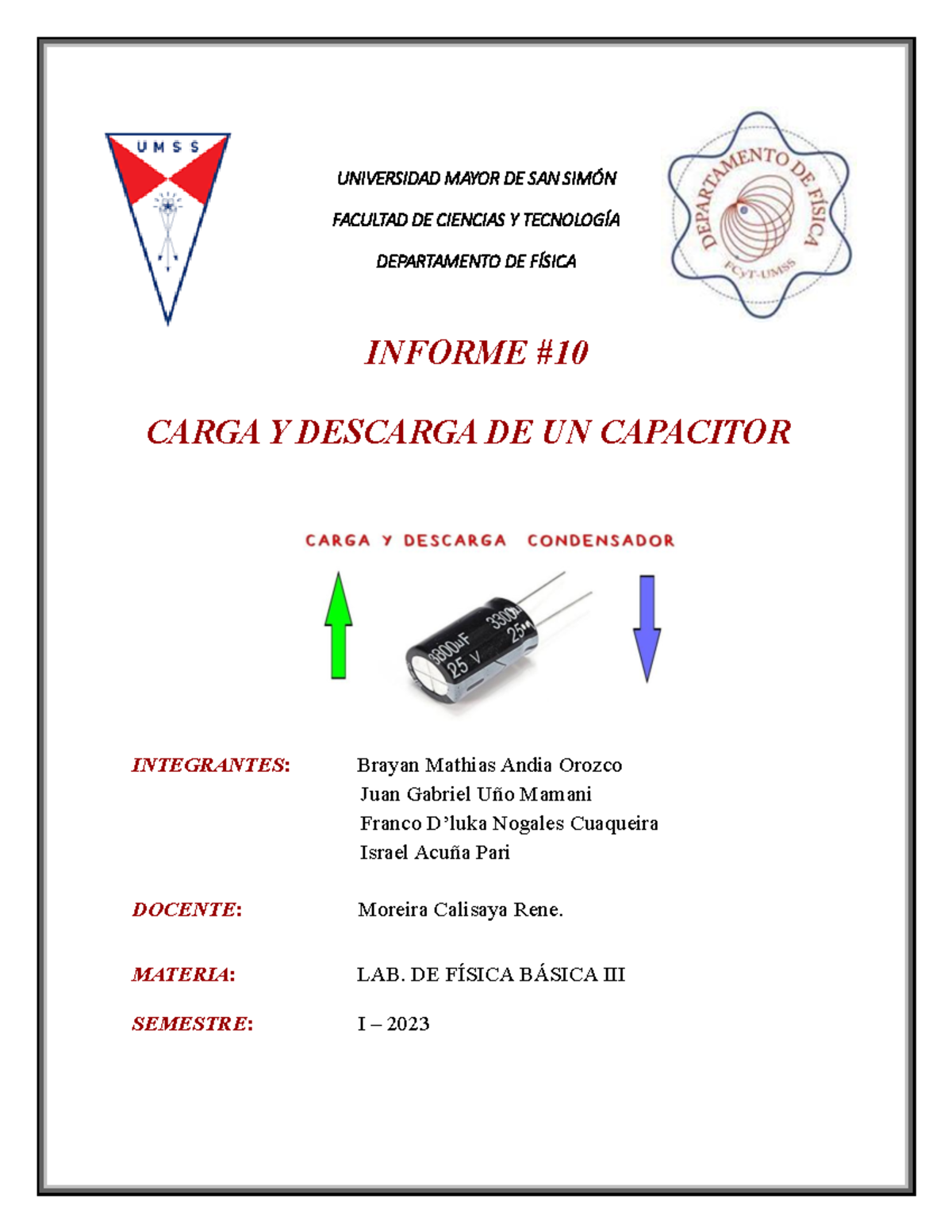 Carga y Descarga de un capacitor - UNIVERSIDAD MAYOR DE SAN SIMÓN ...