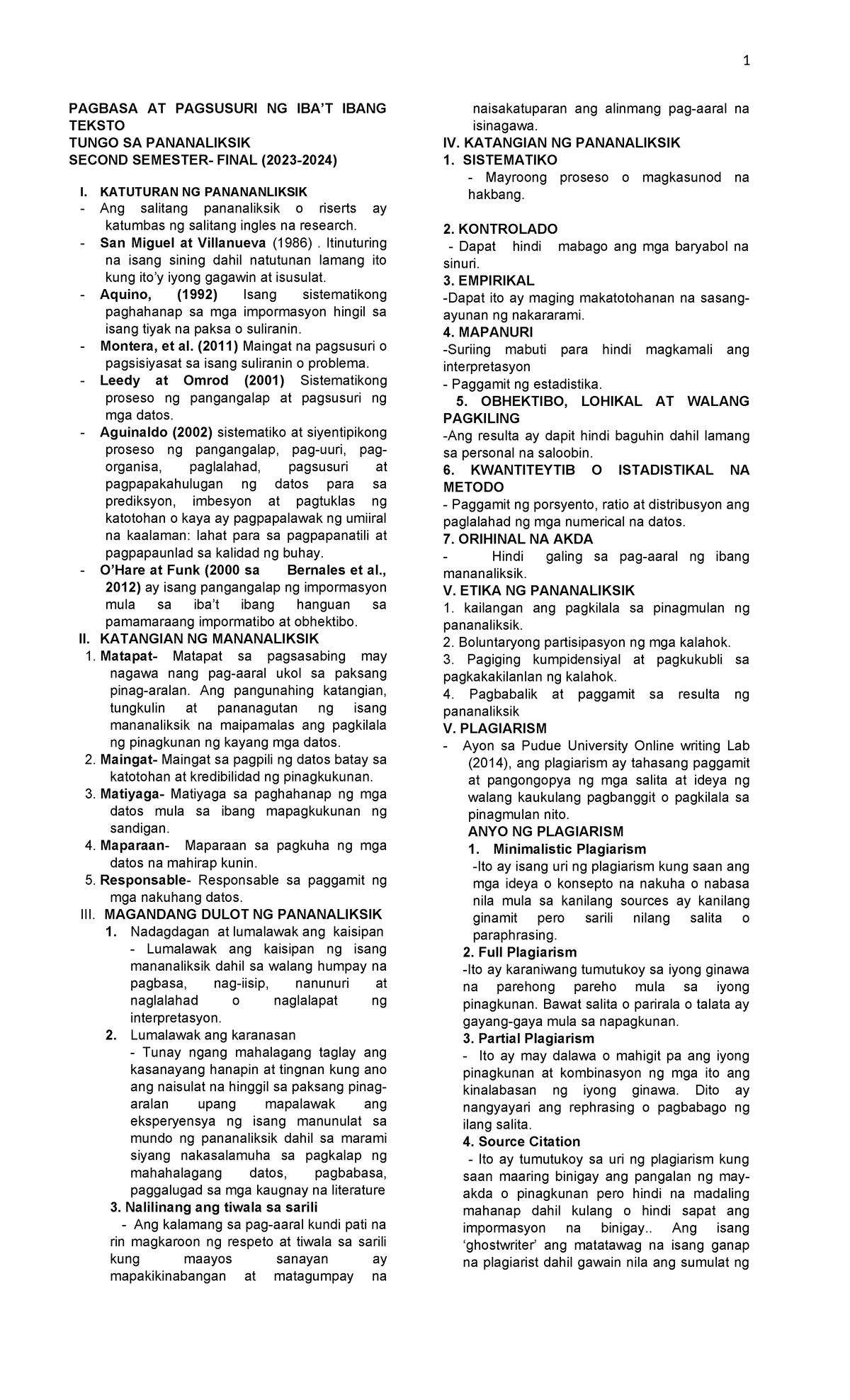 Second SEM Final Handouts - PAGBASA AT PAGSUSURI NG IBA’T IBANG TEKSTO TUNGO SA PANANALIKSIK ...
