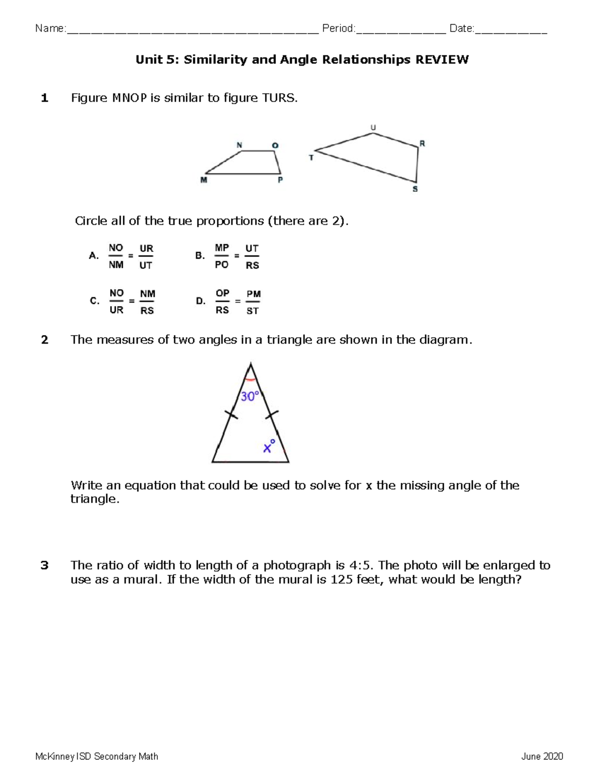 Academic Similarity and Angle Relationships Review - Name
