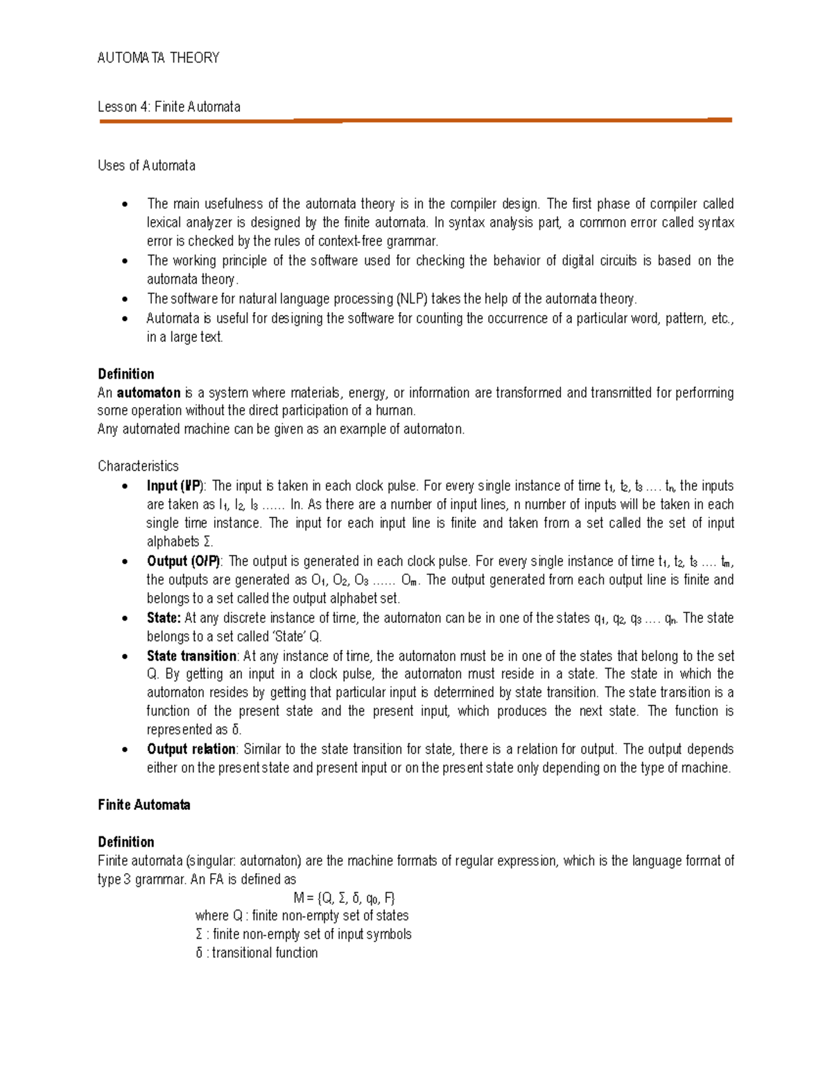 Lesson 4 - Finite Automata - Lesson 4: Finite Automata Uses of Automata ...