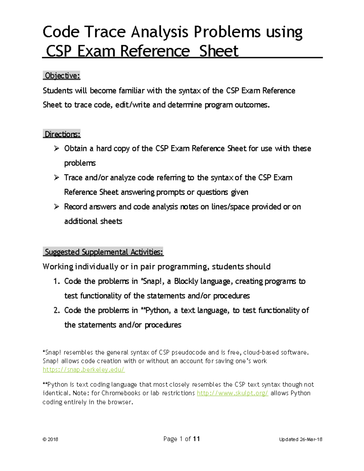 1 - Simple Assignment - © 2018 Page 1 of 11 Updated 26-Mar- Code Trace ...