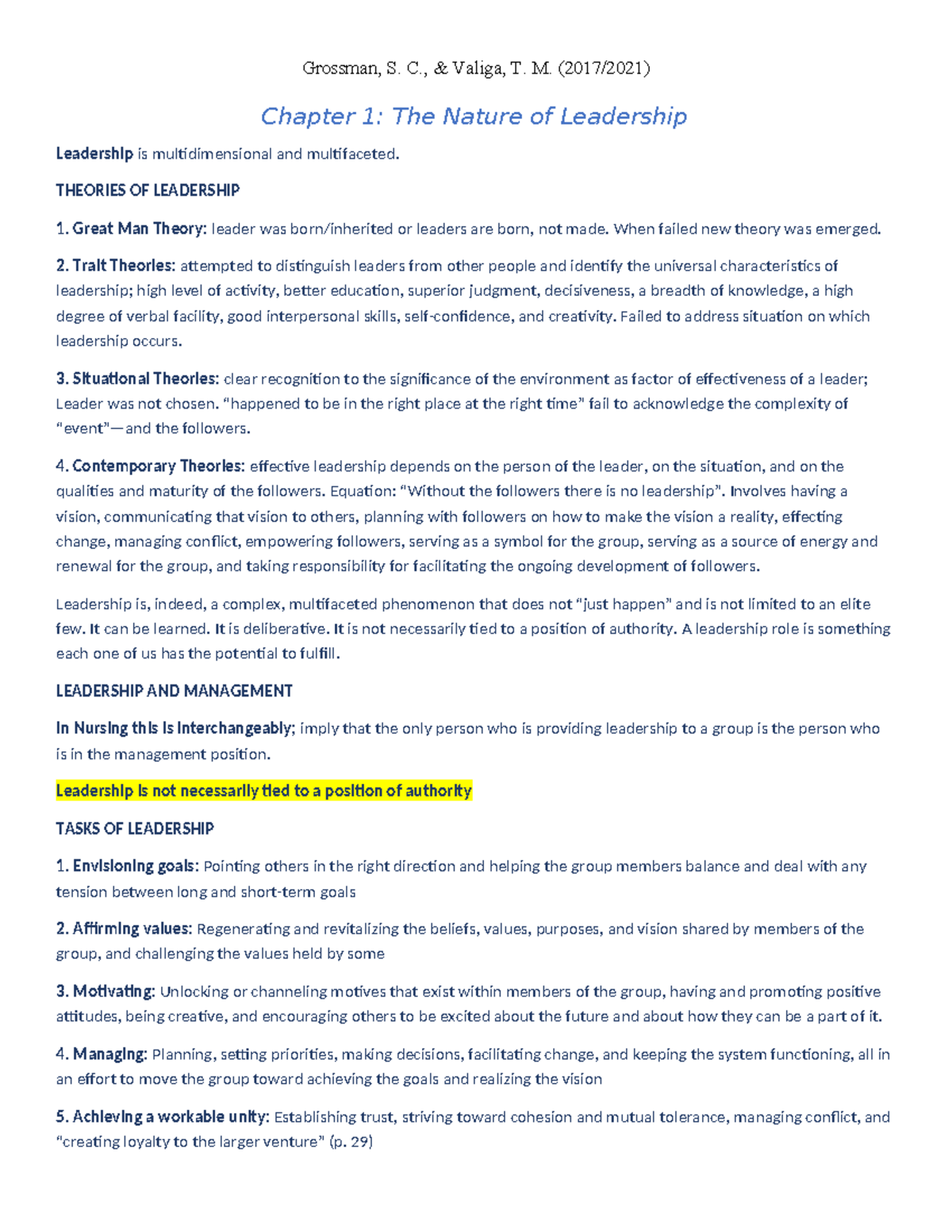 Grossman & Valiga Chapter 1-9 - Grossman, S. C., & Valiga, T. M. (2017/ ...