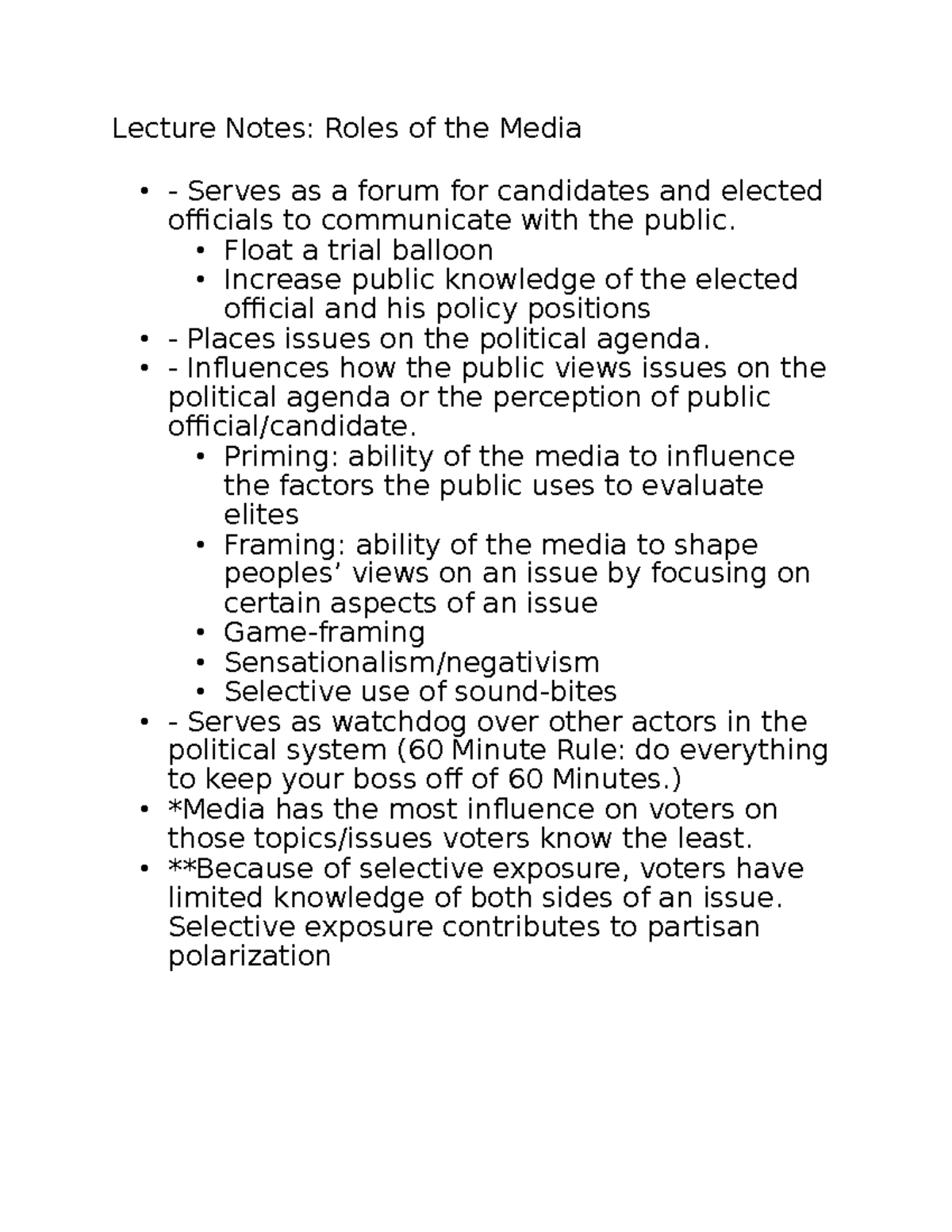 Roles of the Media - Lecture Notes: Roles of the Media Serves as a ...