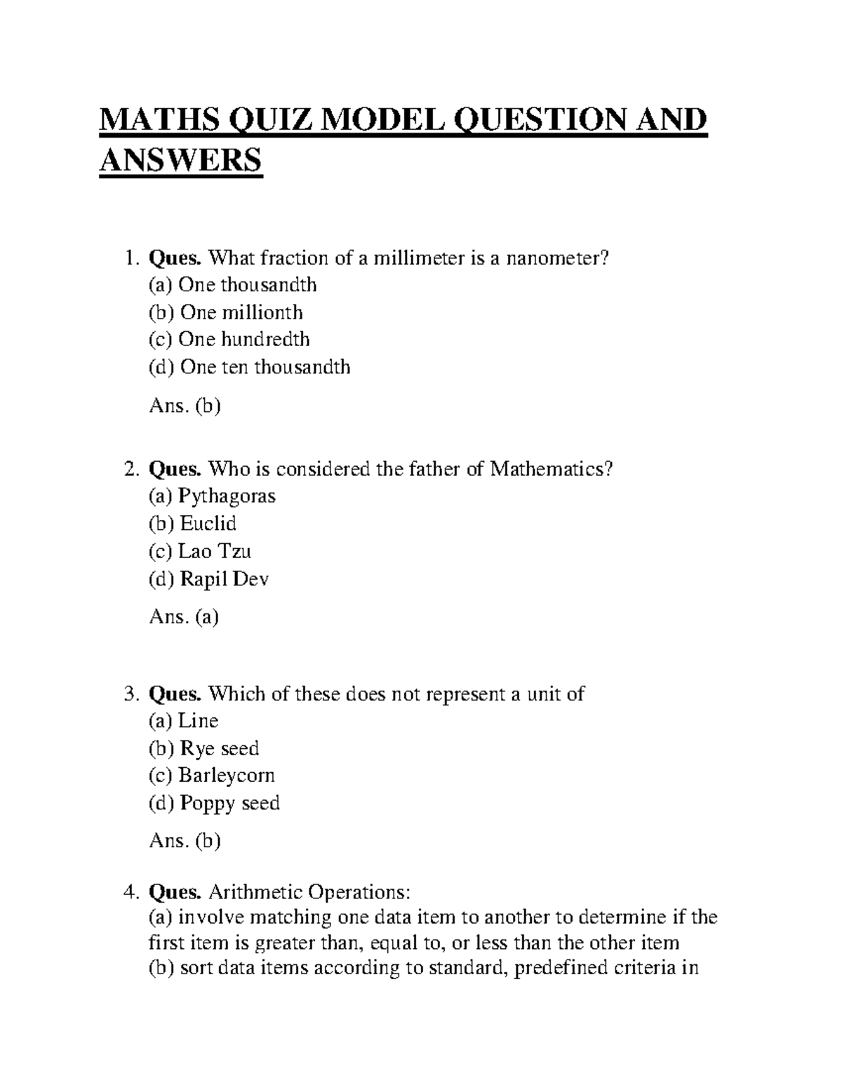 Maths QUIZ Model Question AND Answers MATHS QUIZ MODEL QUESTION AND