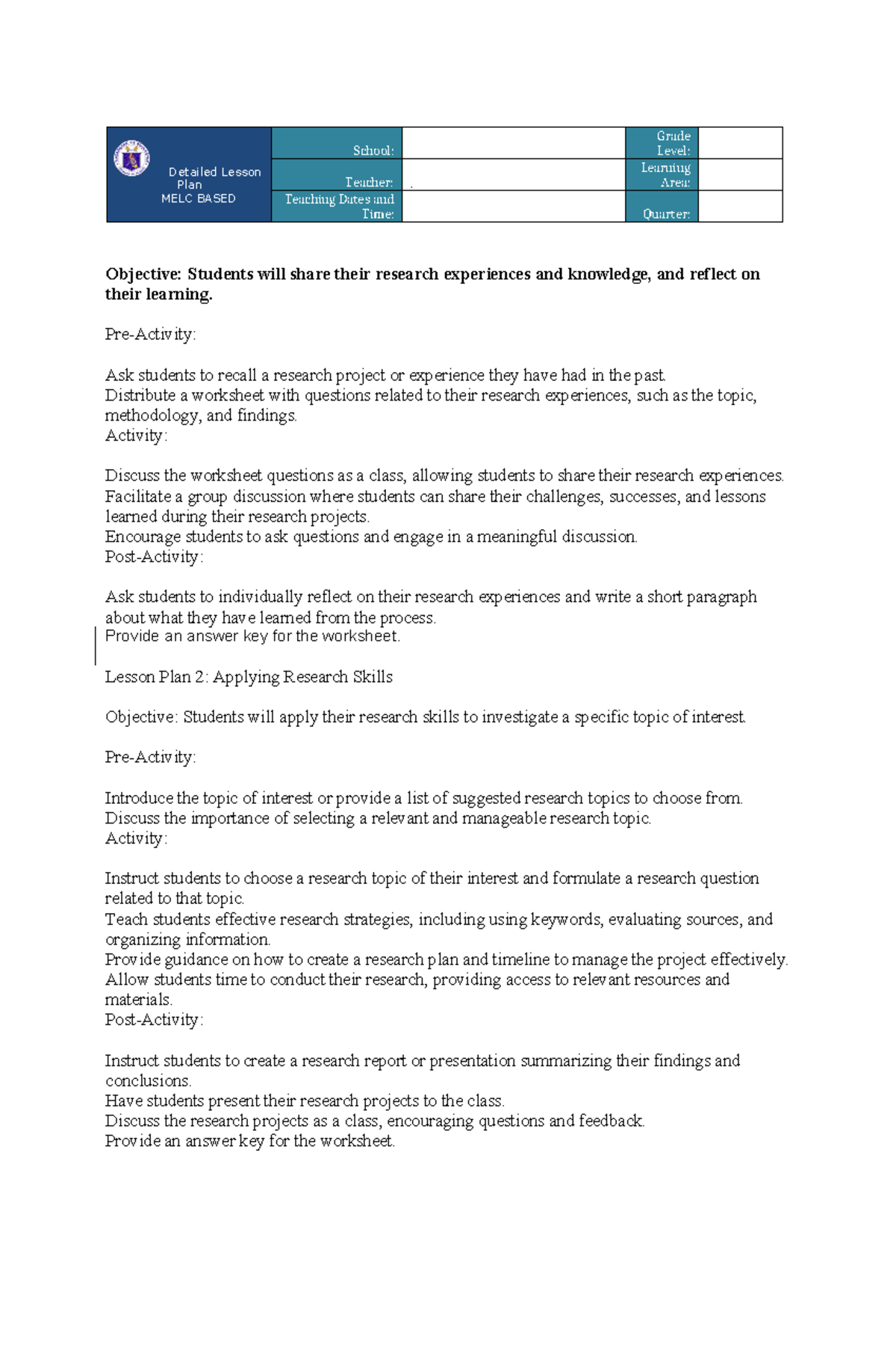 Detailed Lesson Plan - Detailed Lesson Plan MELC BASED School: Grade ...