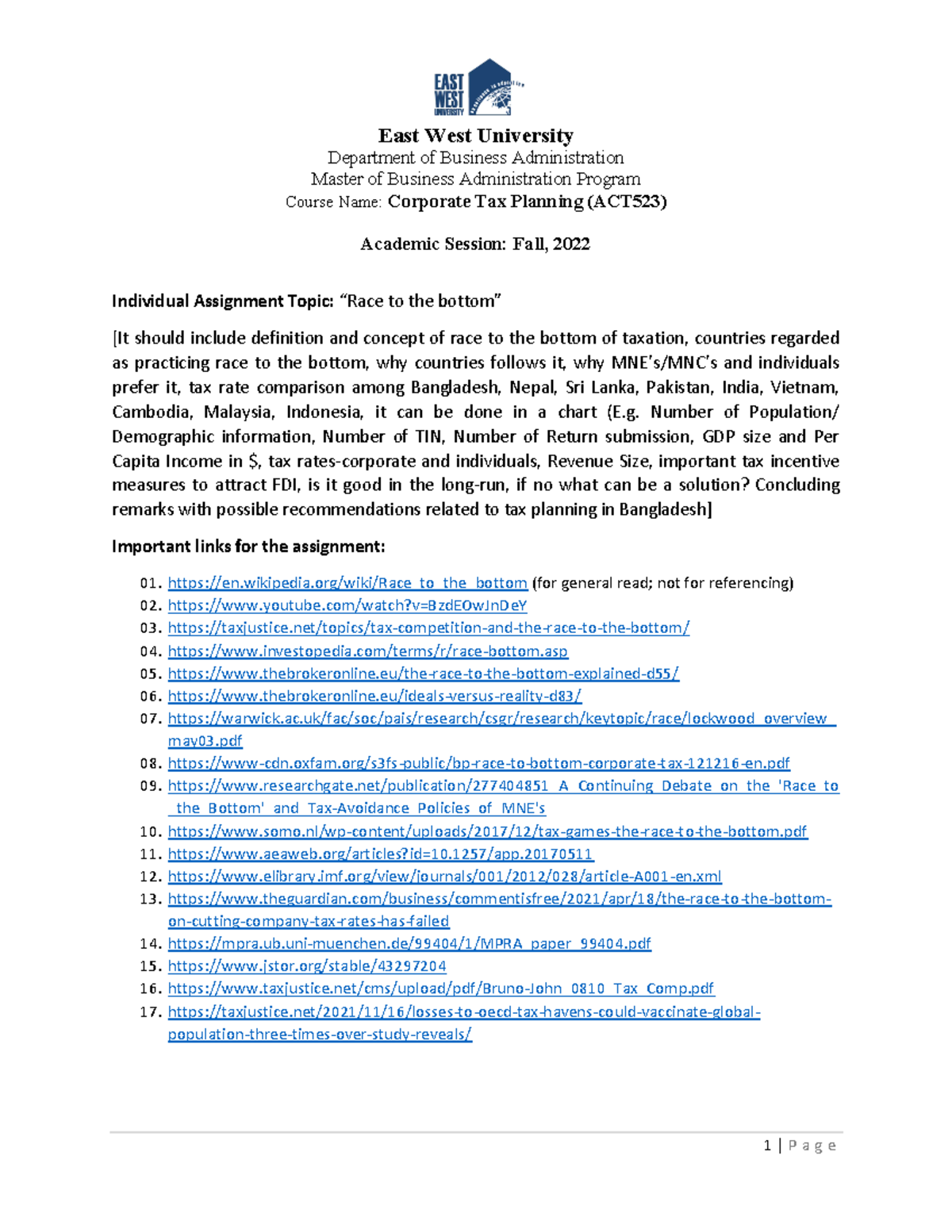 Individual Assignment Topic and Instructions - 1 | P a g e East West ...