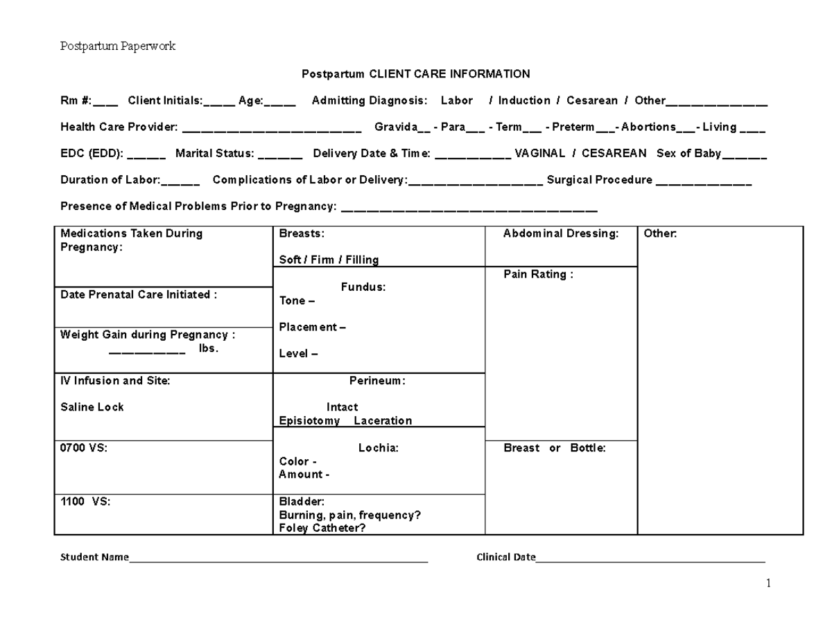 Postpartum Client Care Information Sheet-1 (2) - Postpartum Paperwork ...